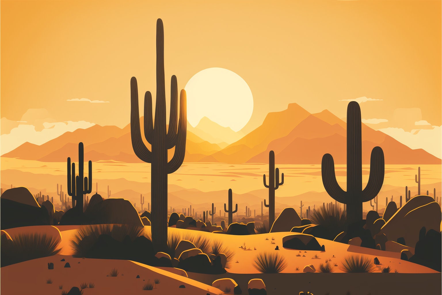 Desert Landscape Minimalist Style Painting, Canyon and Cactus ...