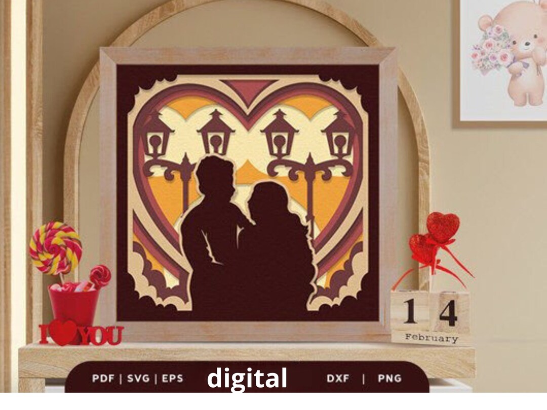 3D Couple Heart Sunset Shadow Box, Floral Valentines Day Love Shadow ...