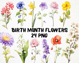 Watercolor Birth Month Flower Clipart, Birth Month Flower Art ...
