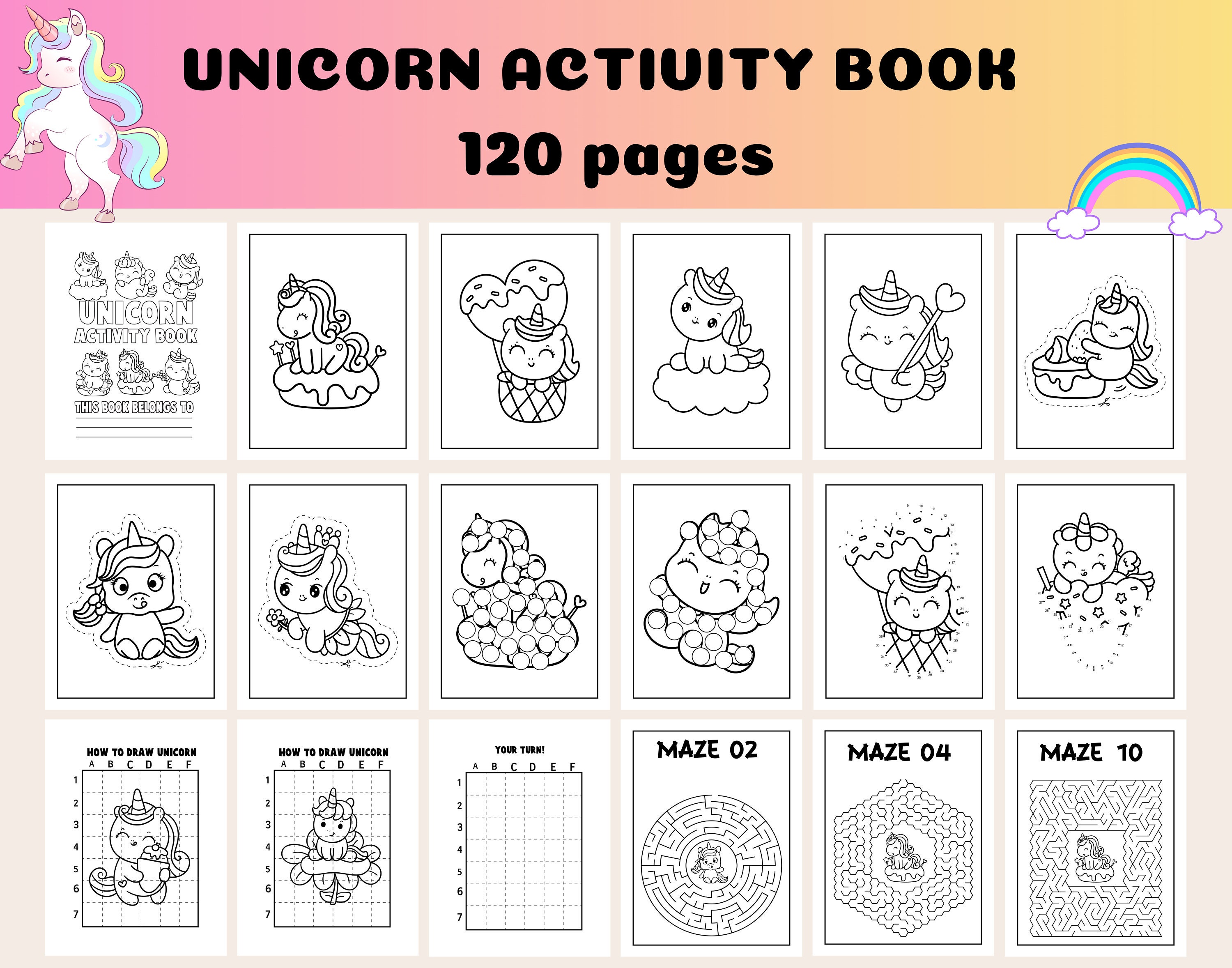 Unicorn Activity Pages, Unicorn Activity Book, Unicorn Coloring Sheets ...