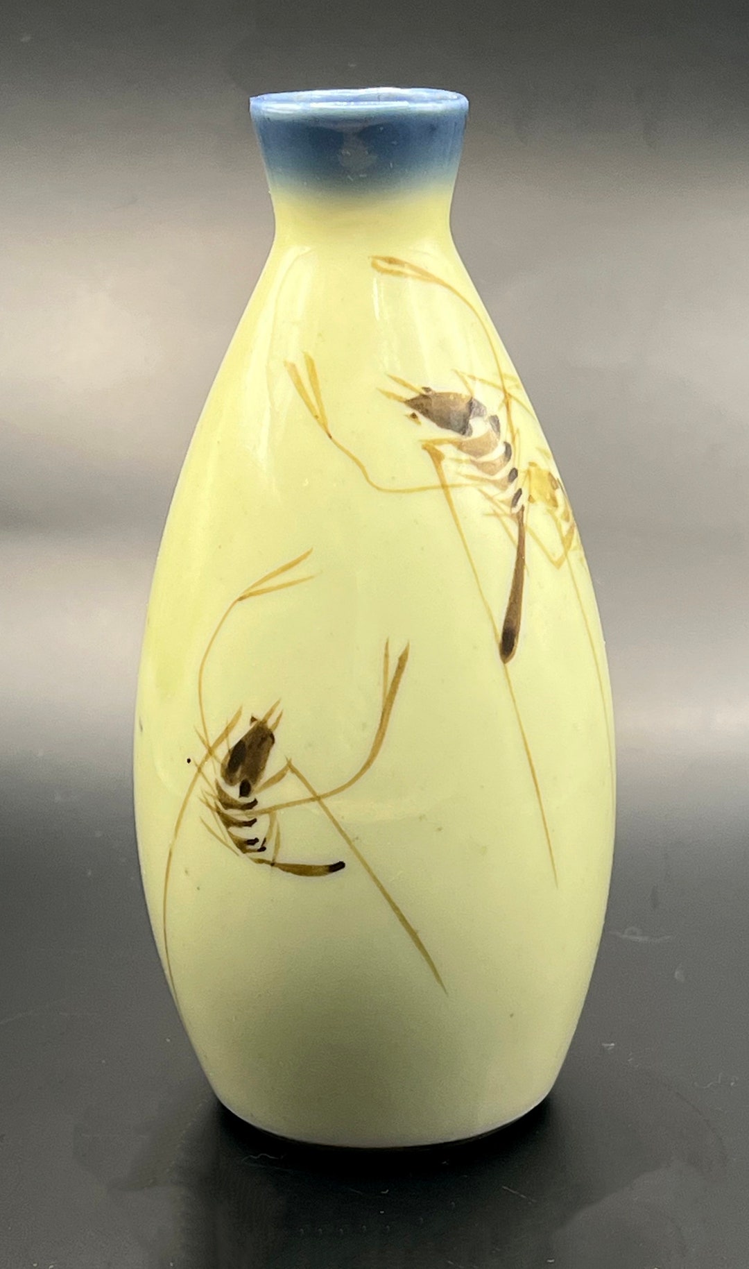 Vintage Pale Yellow and Blue Vase Depicting Crustaceans - Etsy
