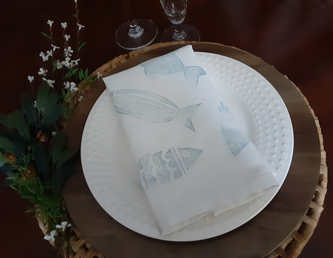 Ocean Fish Hand Stamped Set of Cloth Napkins, Ocean Sea Shell Napkins ...