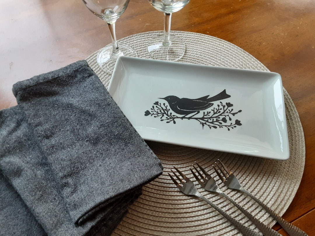 Hand Painted Ceramic Platter, Stenciled Platter, Decorative Plate, Bird ...