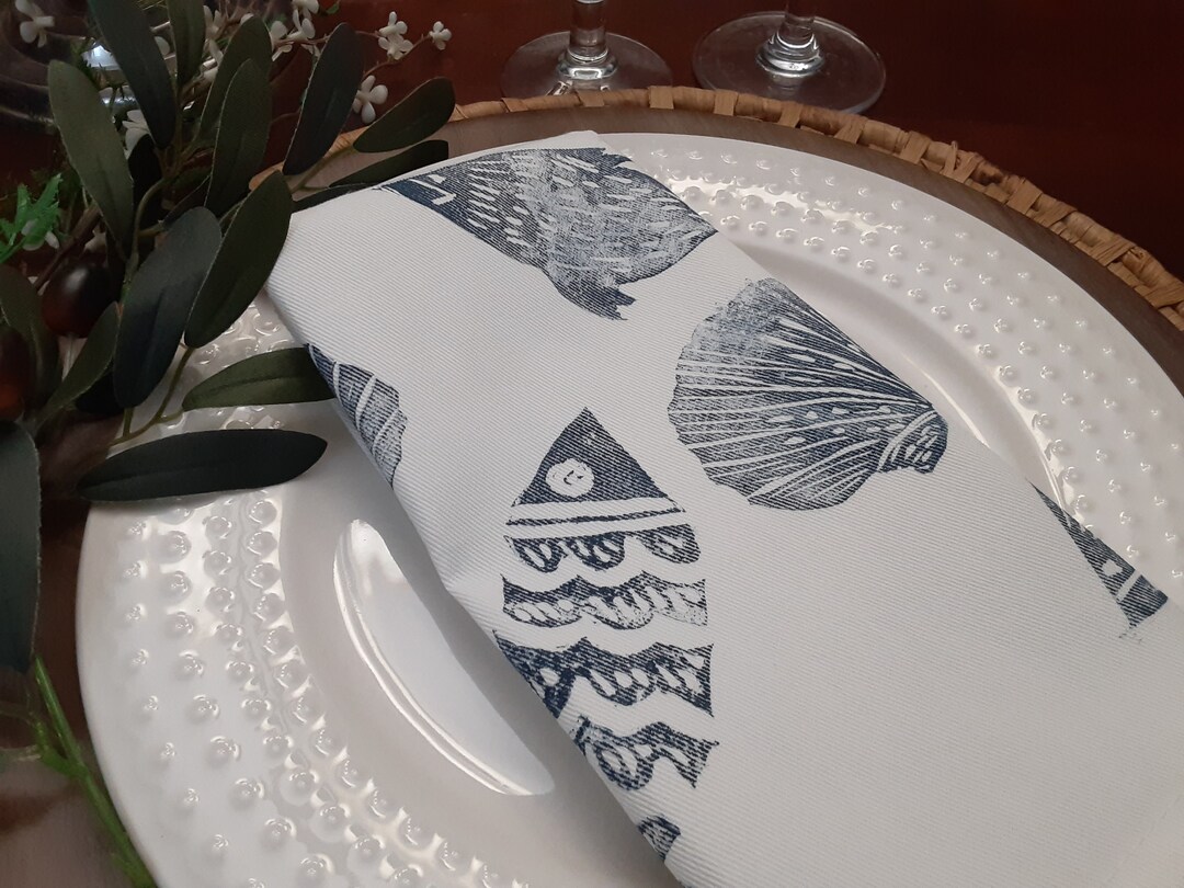 Ocean Fish Hand Stamped Set of Cloth Napkins, Navy Ocean Sea Shell ...