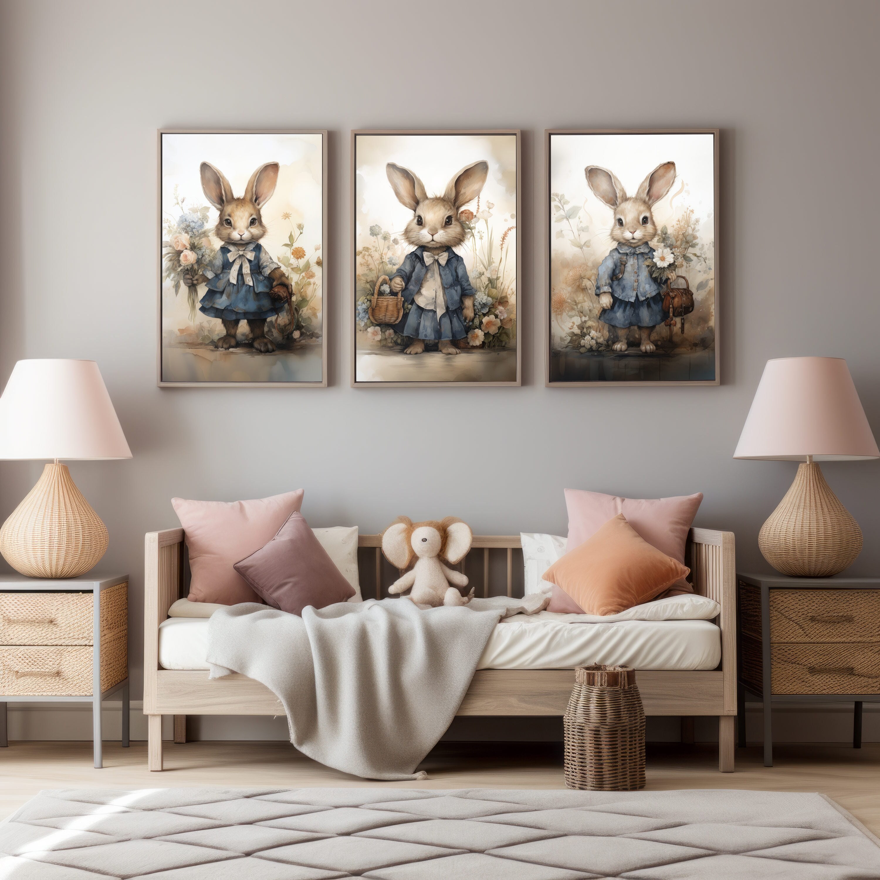 Set of 3 Bunny Bloom Print 00002, Rabbit Nursery Decor, Nursery Wall ...
