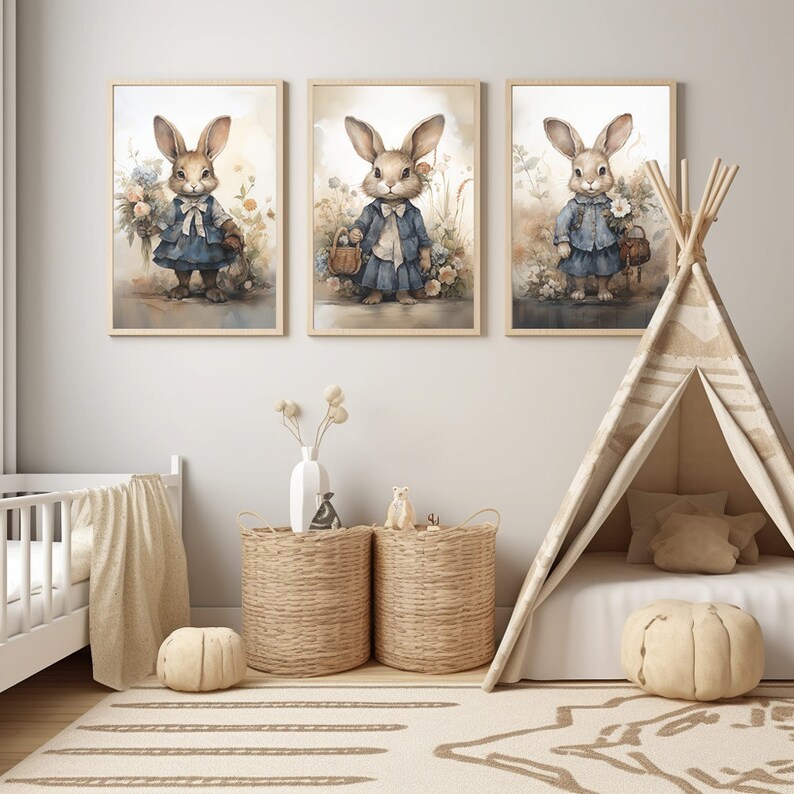 Set of 3 Bunny Bloom Print 00002, Rabbit Nursery Decor, Nursery Wall ...