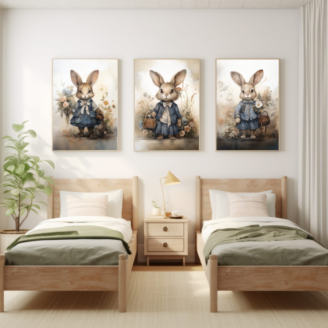 Set of 3 Bunny Bloom Print 00002, Rabbit Nursery Decor, Nursery Wall ...