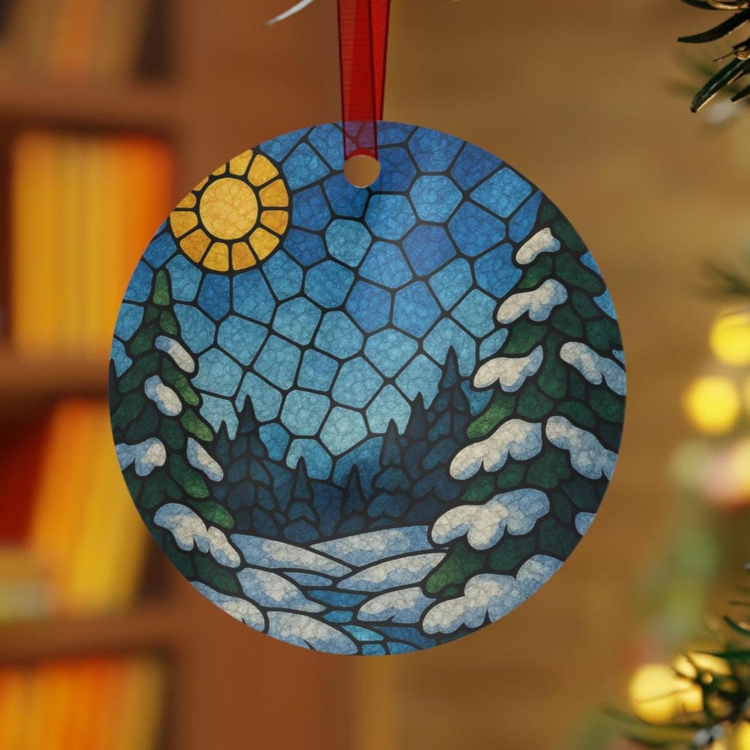 Stained Glass Winter Scene Ornament, Snowy Forest Sun Art, Christmas ...
