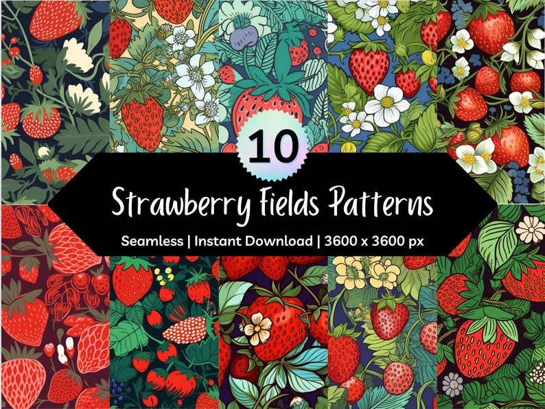 Strawberry Floral Seamless Digital Pattern Pack - Printable Digital Paper - PNG Instant Download ...