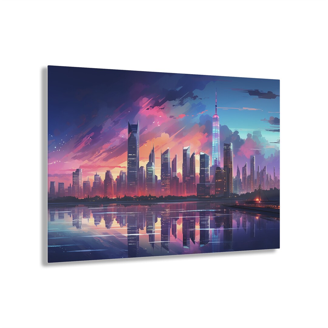 Plexiglass Watercolor Evening Metropolitan Skyline | Vaporwave Art ...