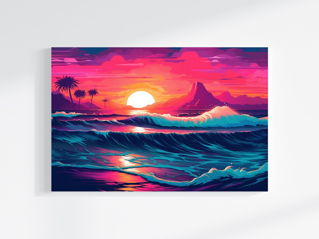 Synthwave Beach Sunset Retrowave Art Canvas Print Synthwave Wall Art ...