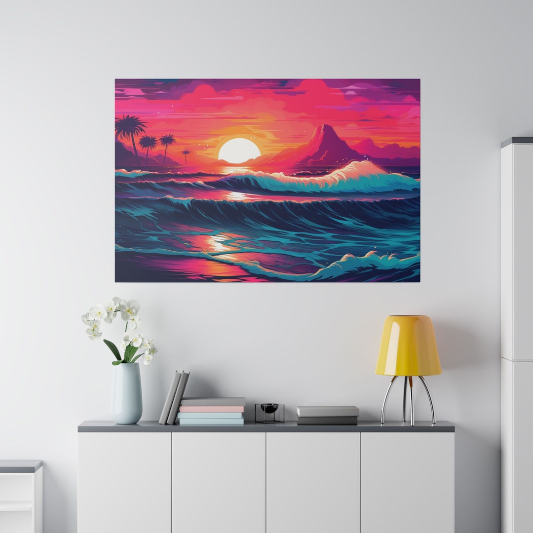 Synthwave Beach Sunset Retrowave Art Canvas Print - Etsy