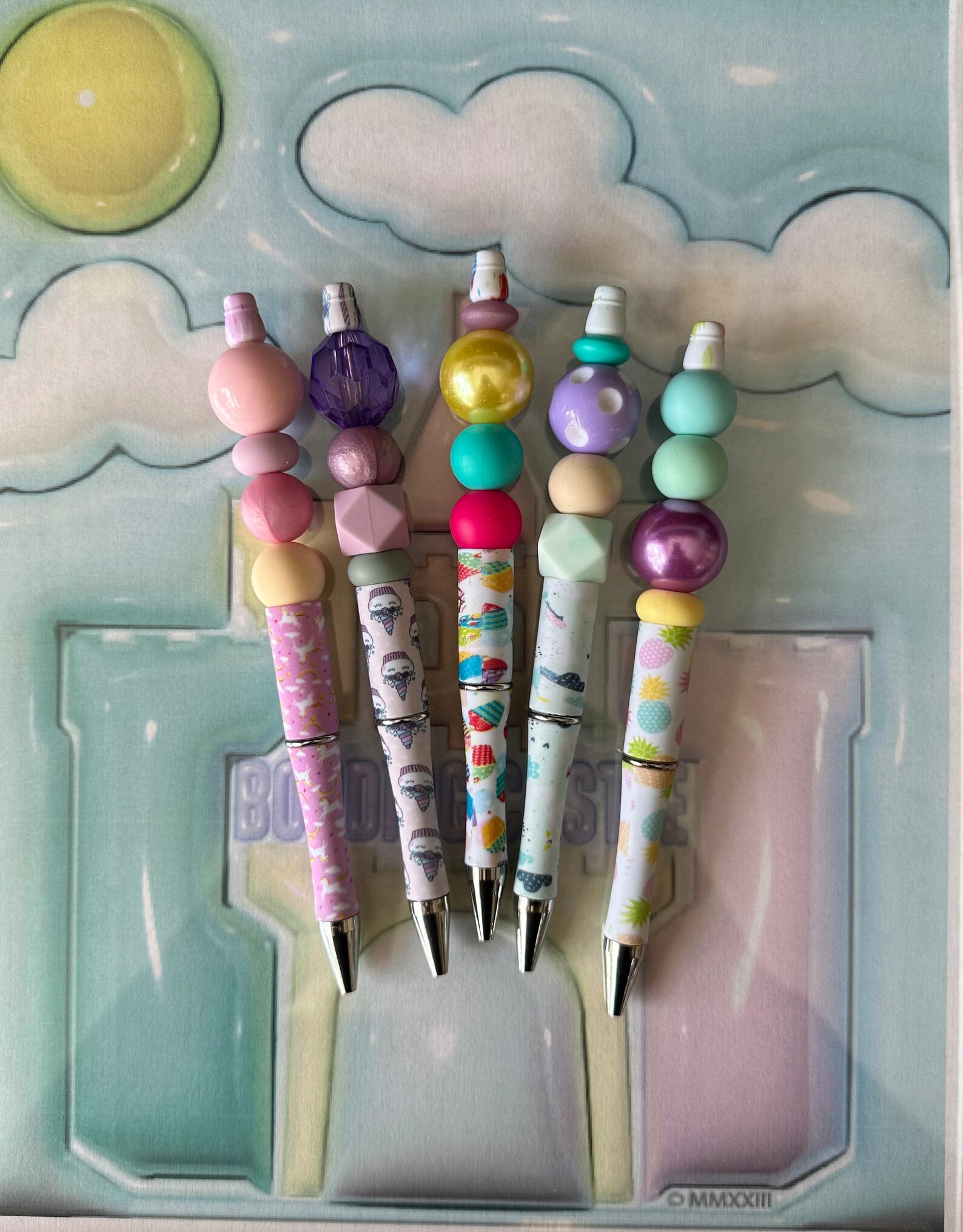 Colorful Beaded Pens Ice-cream Cloud Unicorn Pineapple Print Pen Back ...