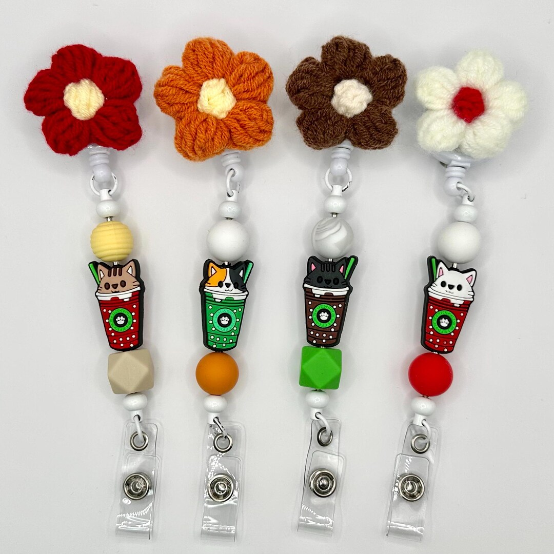 Handmade Crochet Flower Coffee Cat Beads Badge Reel, Office Badge Reel ...