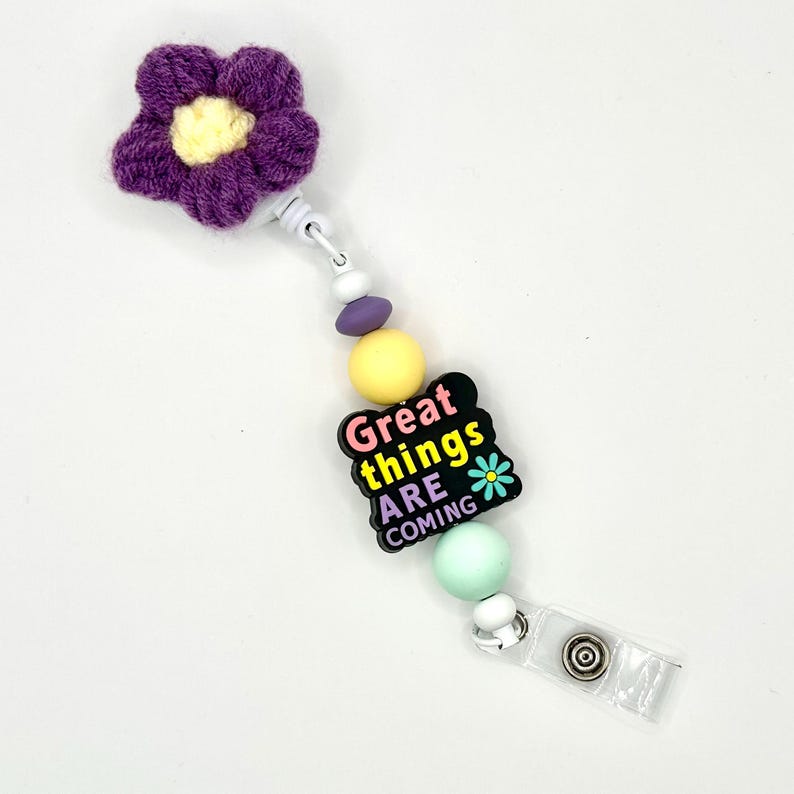 Handmade Crochet Flower Inspirational Beads Badge Reel, Office Badge ...