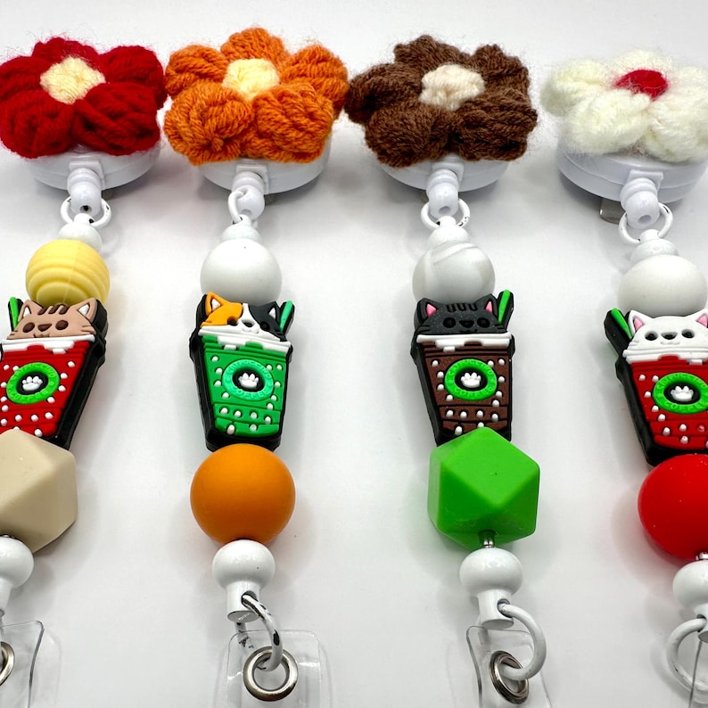 Handmade Crochet Flower Coffee Cat Beads Badge Reel, Office Badge Reel ...