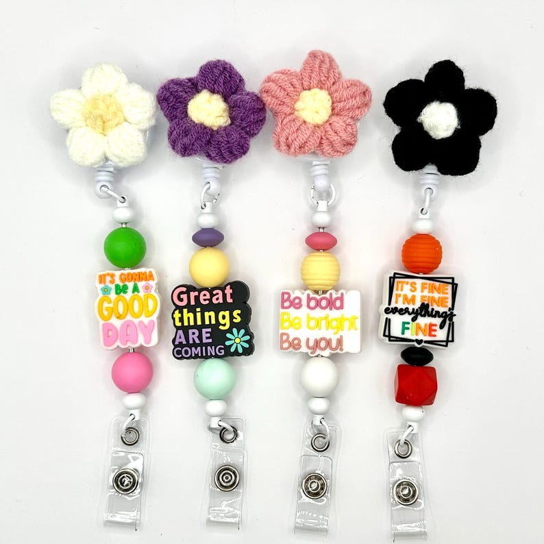 Handmade Crochet Flower Inspirational Beads Badge Reel, Office Badge ...