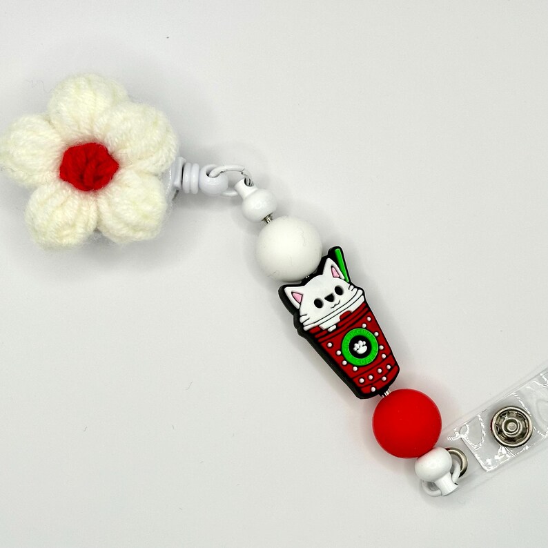 Handmade Crochet Flower Coffee Cat Beads Badge Reel, Office Badge Reel ...