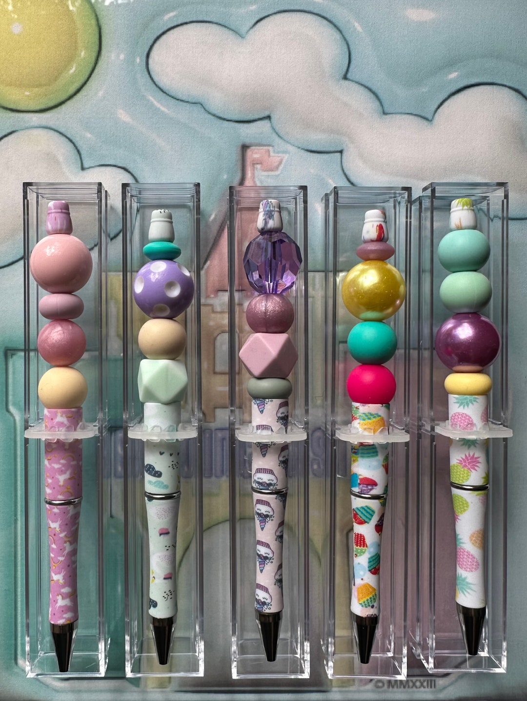 Colorful Beaded Pens Ice-cream Cloud Unicorn Pineapple Print Pen Back ...