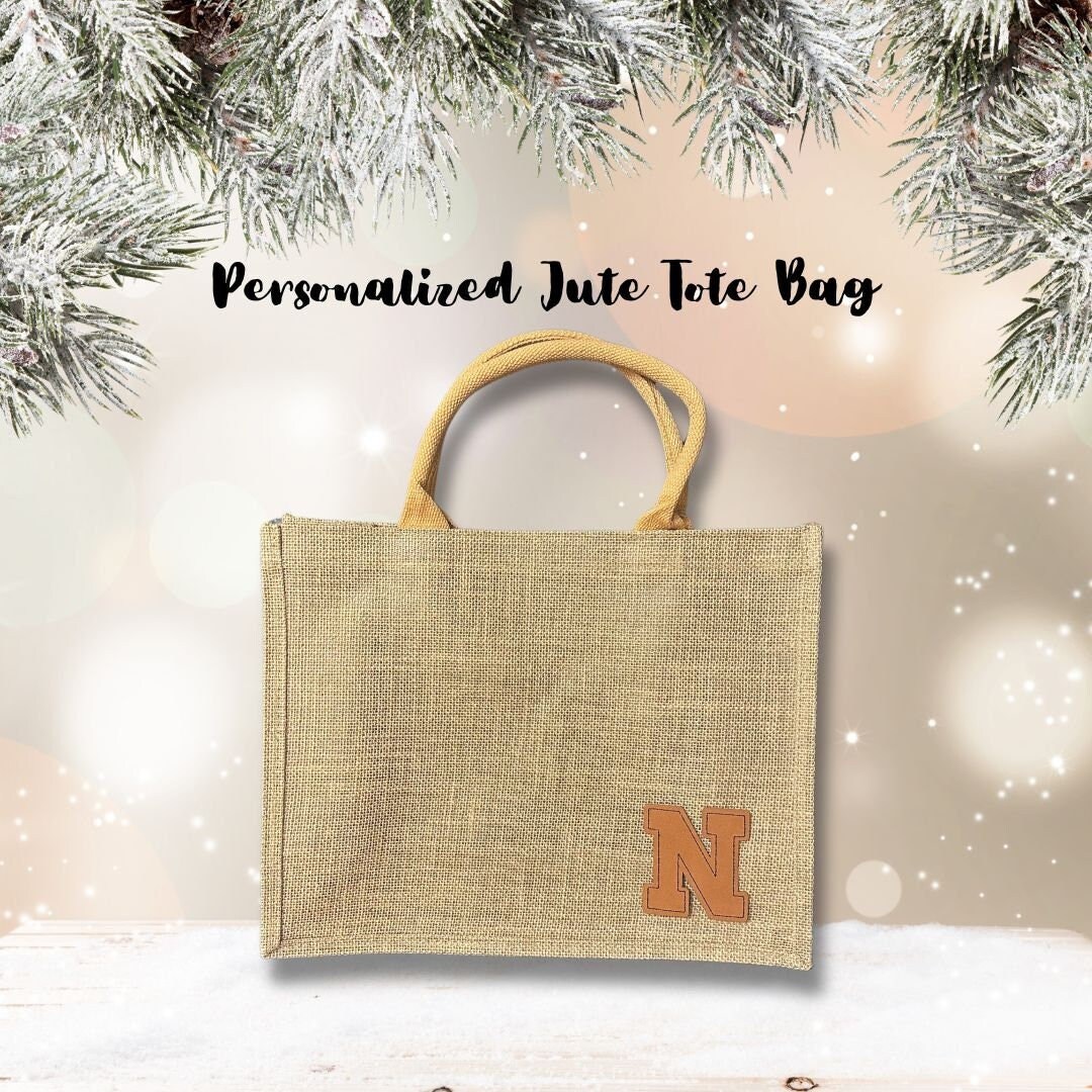 Jute Handbag Tote Bag Faux Leather Initial Patch Personalized Gift for ...