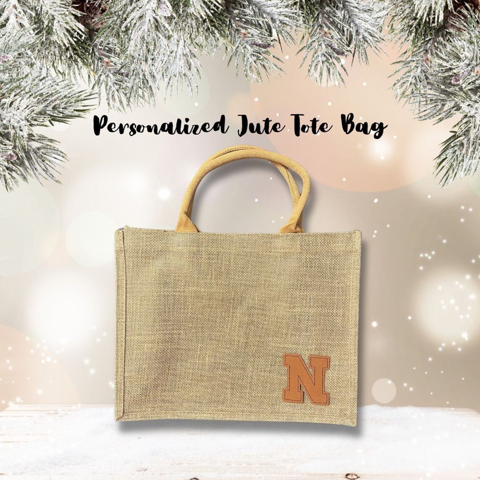 Jute Handbag Tote Bag Faux Leather Initial Patch Personalized Gift for ...