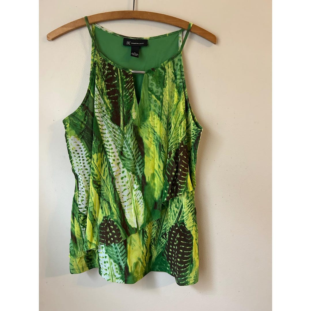 Y2k INC Green Leaf Feather Print Halter Neck Ruffle Tank Top L ...
