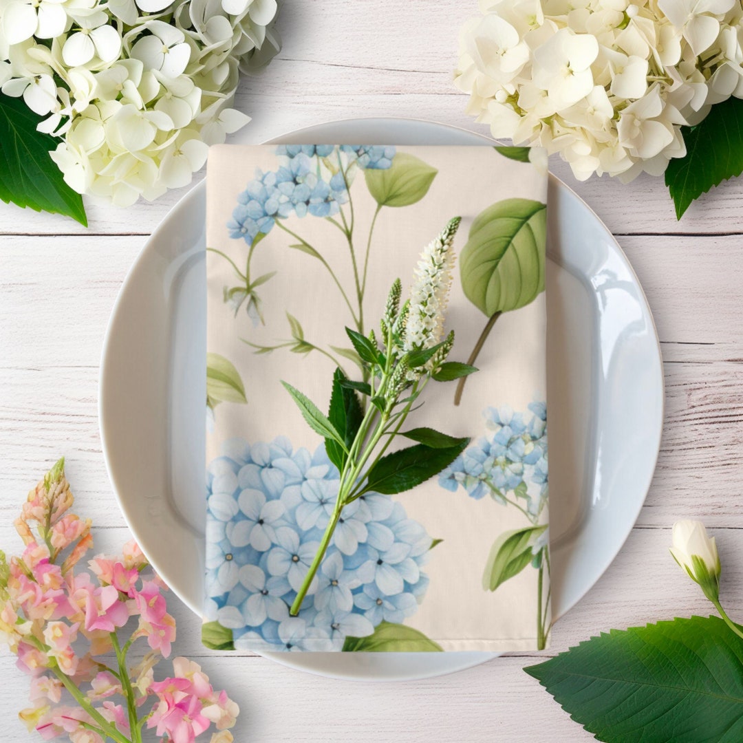 Hydrangea Floral Napkins Set of 4 Decorative White and Blue Flowers ...