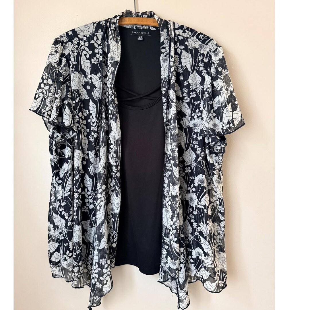 Sara Michelle Black Floral Print Kimono Top Plus Size 2X Short Sleeve ...