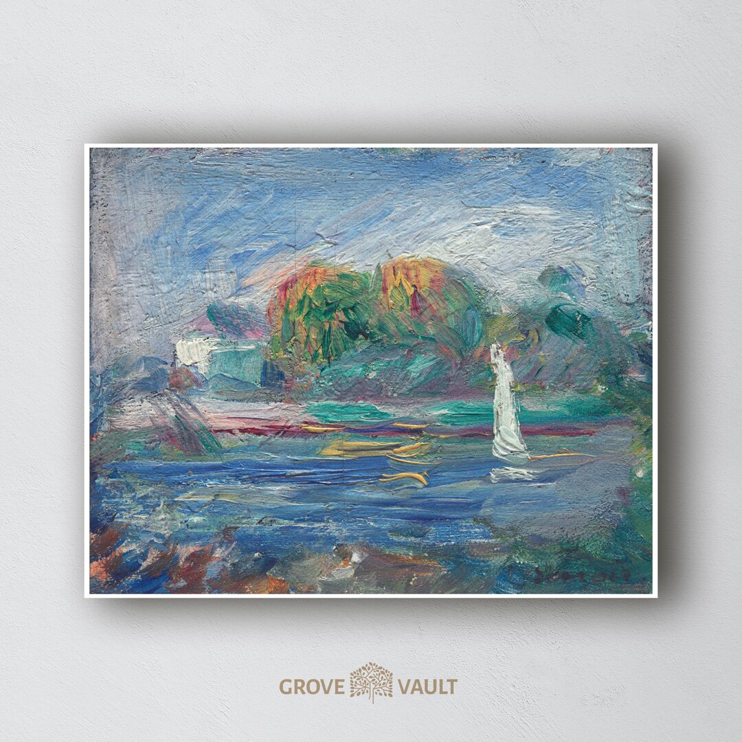 Vintage Landscape Printable Oil Painting Brushstrokes Blue River Wall ...