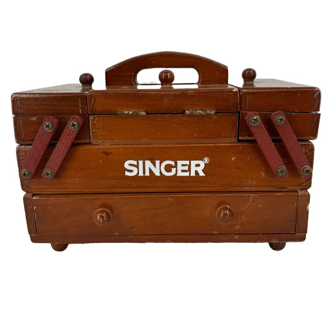 Vintage Singer Wooden Sewing Caddy Fold Out Notion Box Travel Mini ...