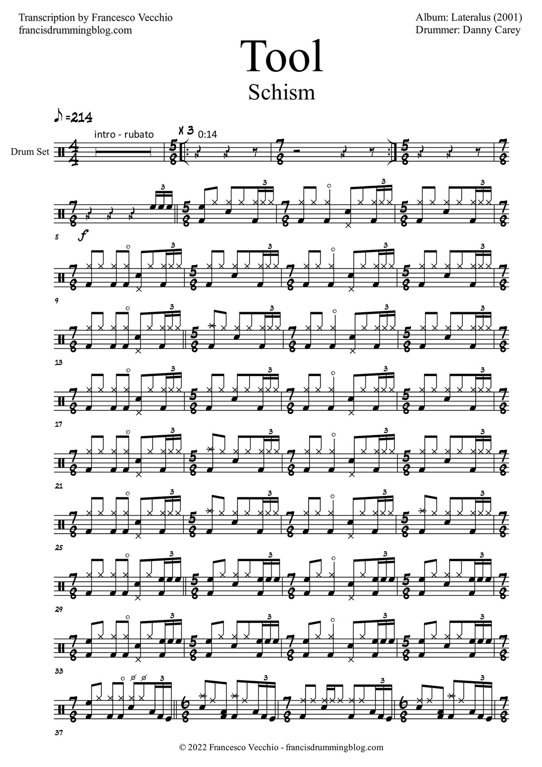 Tool - Schism (drum Sheet Music) - Etsy
