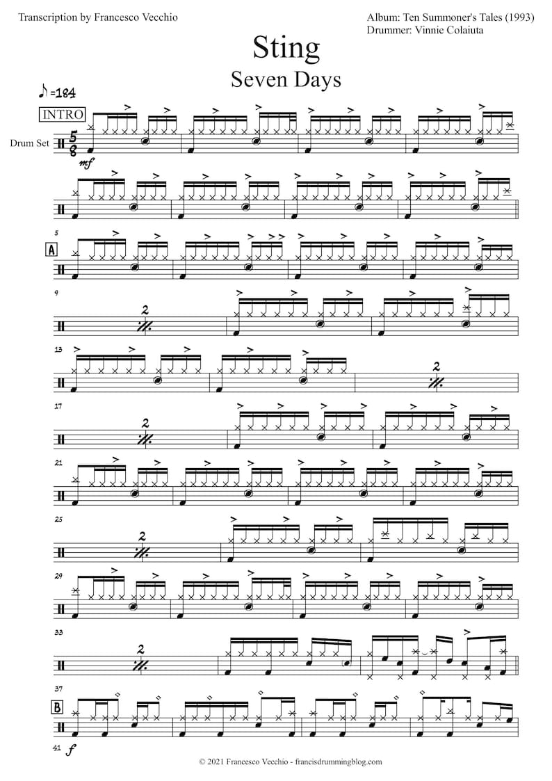 Sting - Seven Days (drum Sheet Music) - Etsy