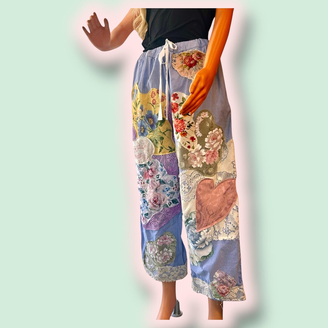 Upcycled Blue Summer BOHO Cropped Womens Lagenlook Pants/ Size XL ...