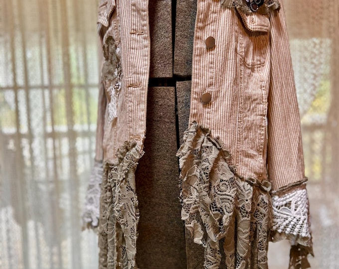 Upcycled Tattered Shabby Chic Denim Tan Taupe Pinstriped Jean Jacket ...