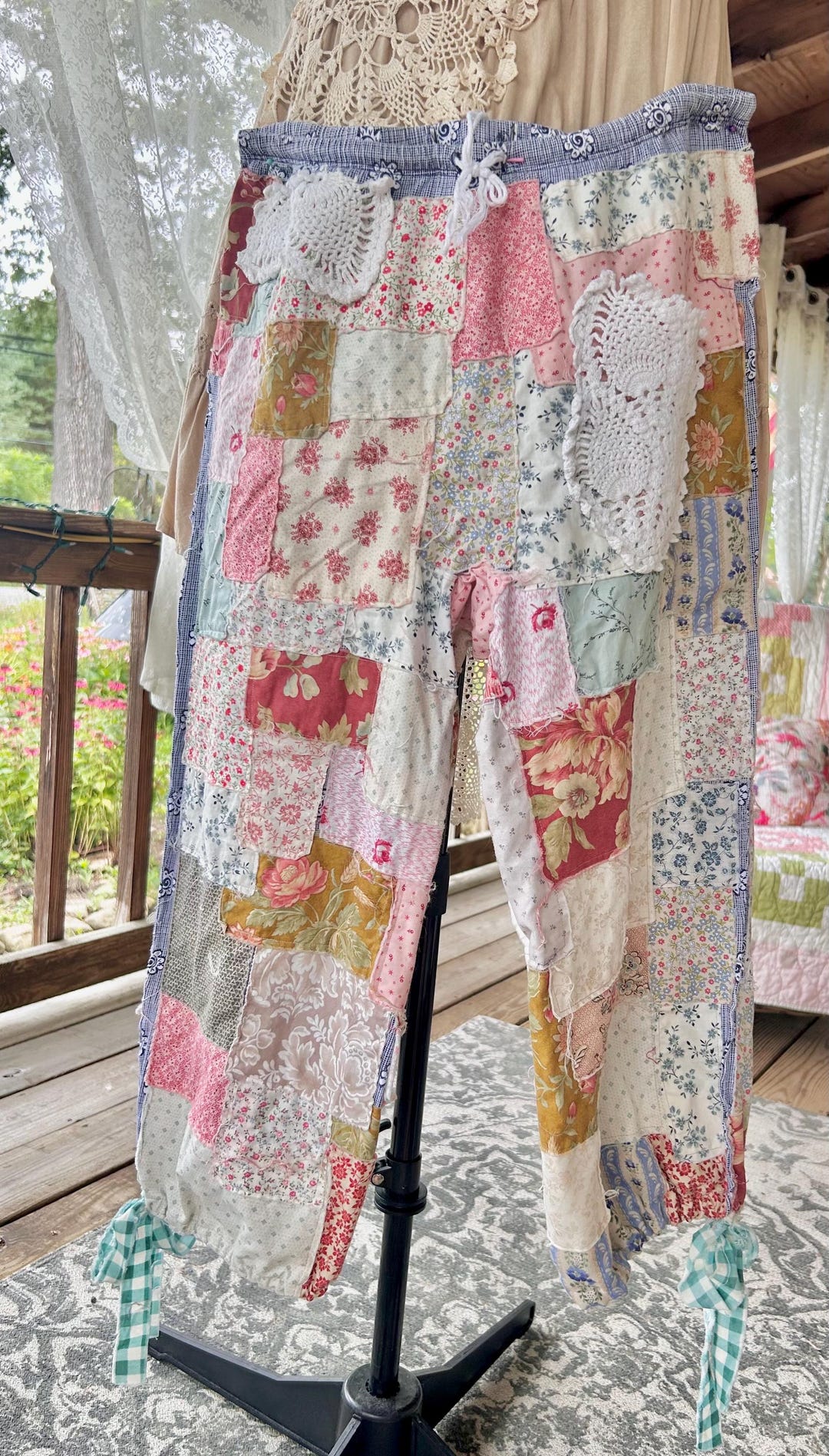 Bohemian Patched Pants Frayed BOHO Capris Drawstring Unique Upcycled ...