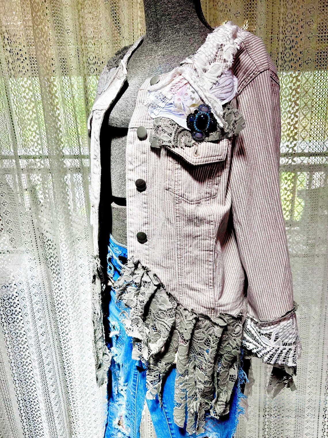 Upcycled Tattered Shabby Chic Denim Tan Taupe Pinstriped Jean Jacket ...