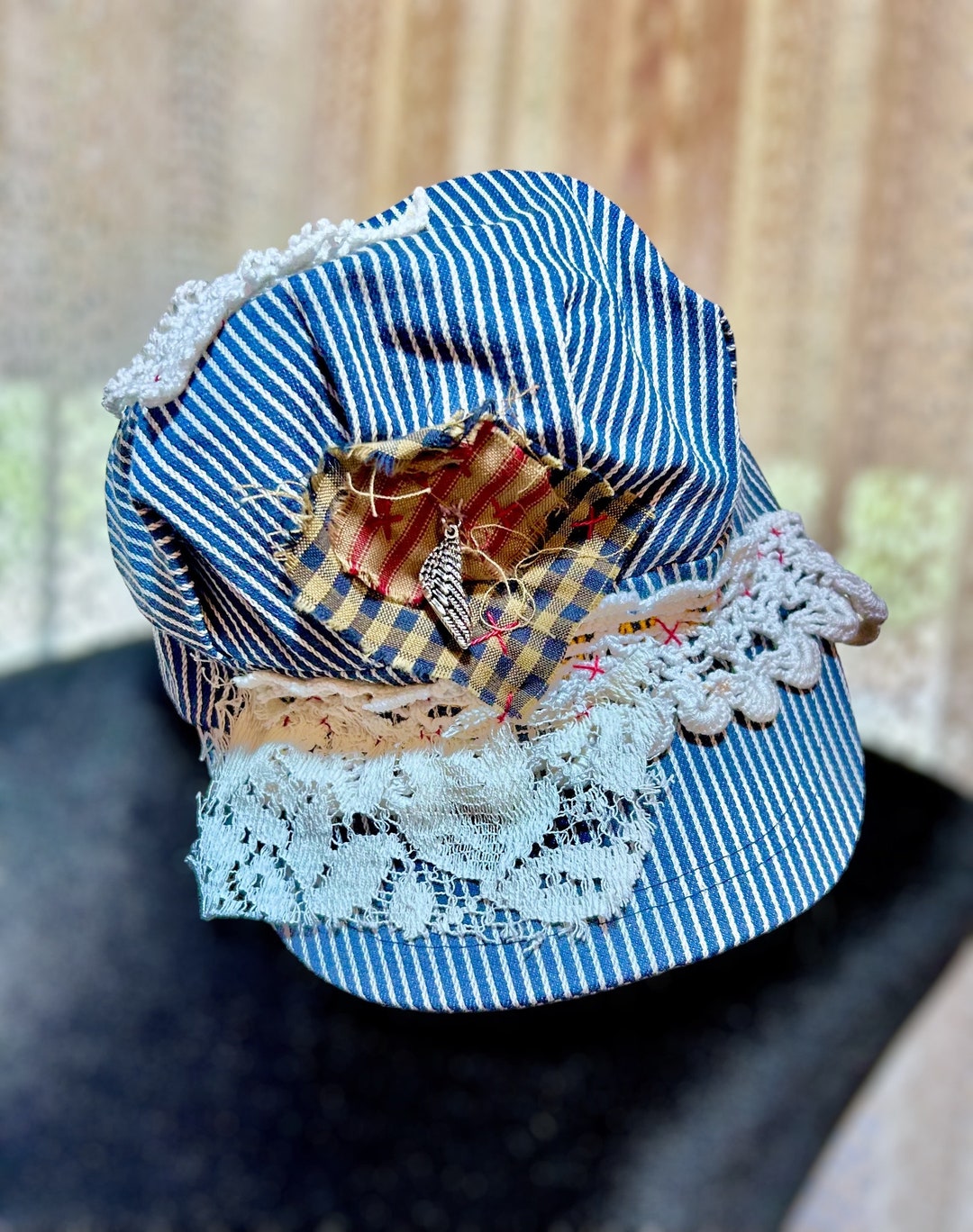 Upcycled Baseball Style Hat Cap, Railroad Blue White Striped, Beach ...