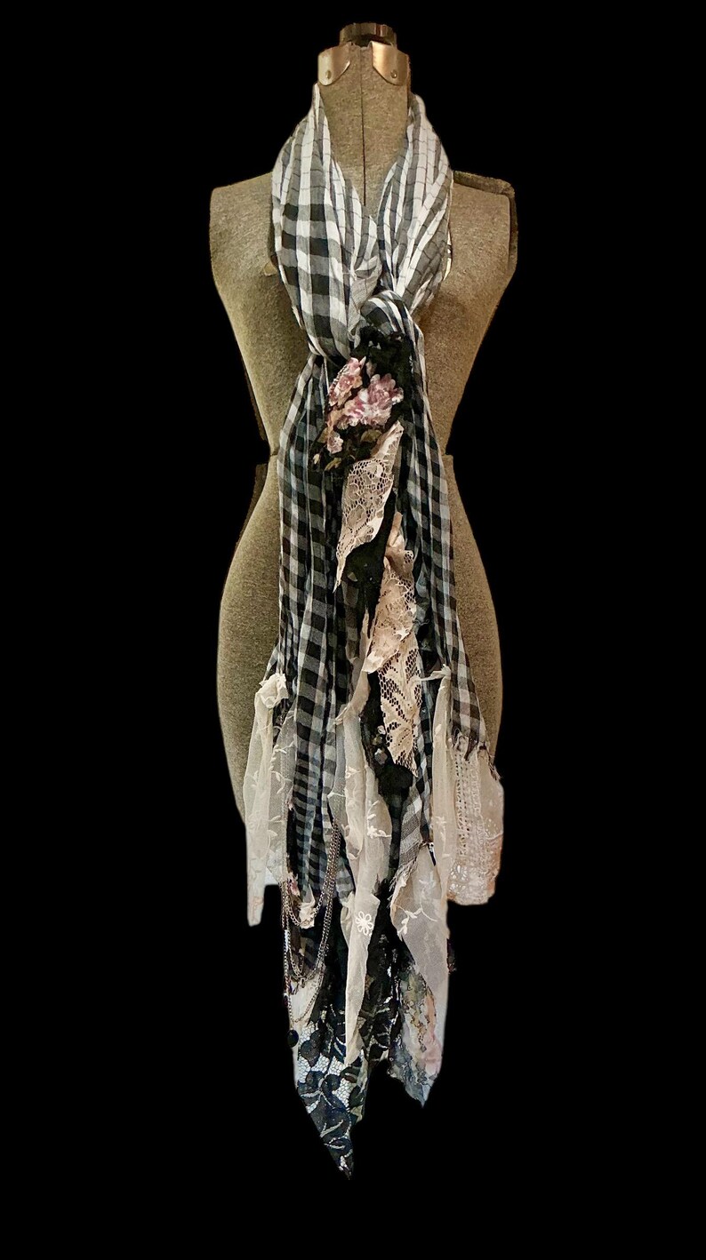 BOHO Upcycled Long Scarf Buffalo Check Black and White Laces With ...