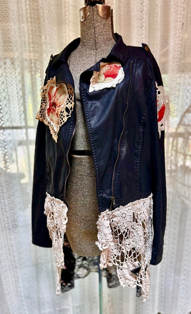 Upcycled Faux Leather Patchwork Jacket: Boho Roses Appliqués, Size L - Etsy