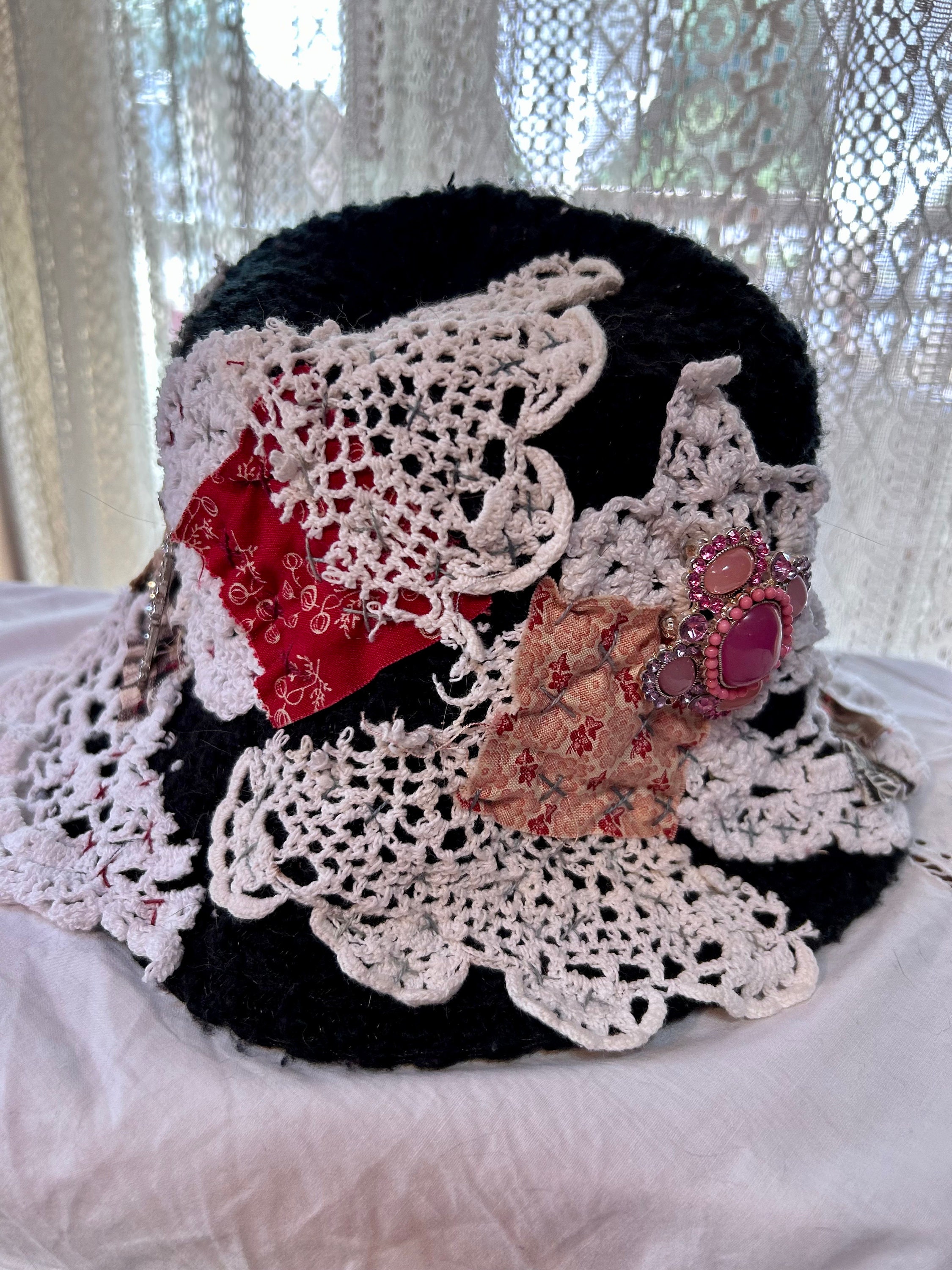 Upcycled Hat Black Bucket Style Shabby Chic BOHO Hat Refashioned and ...