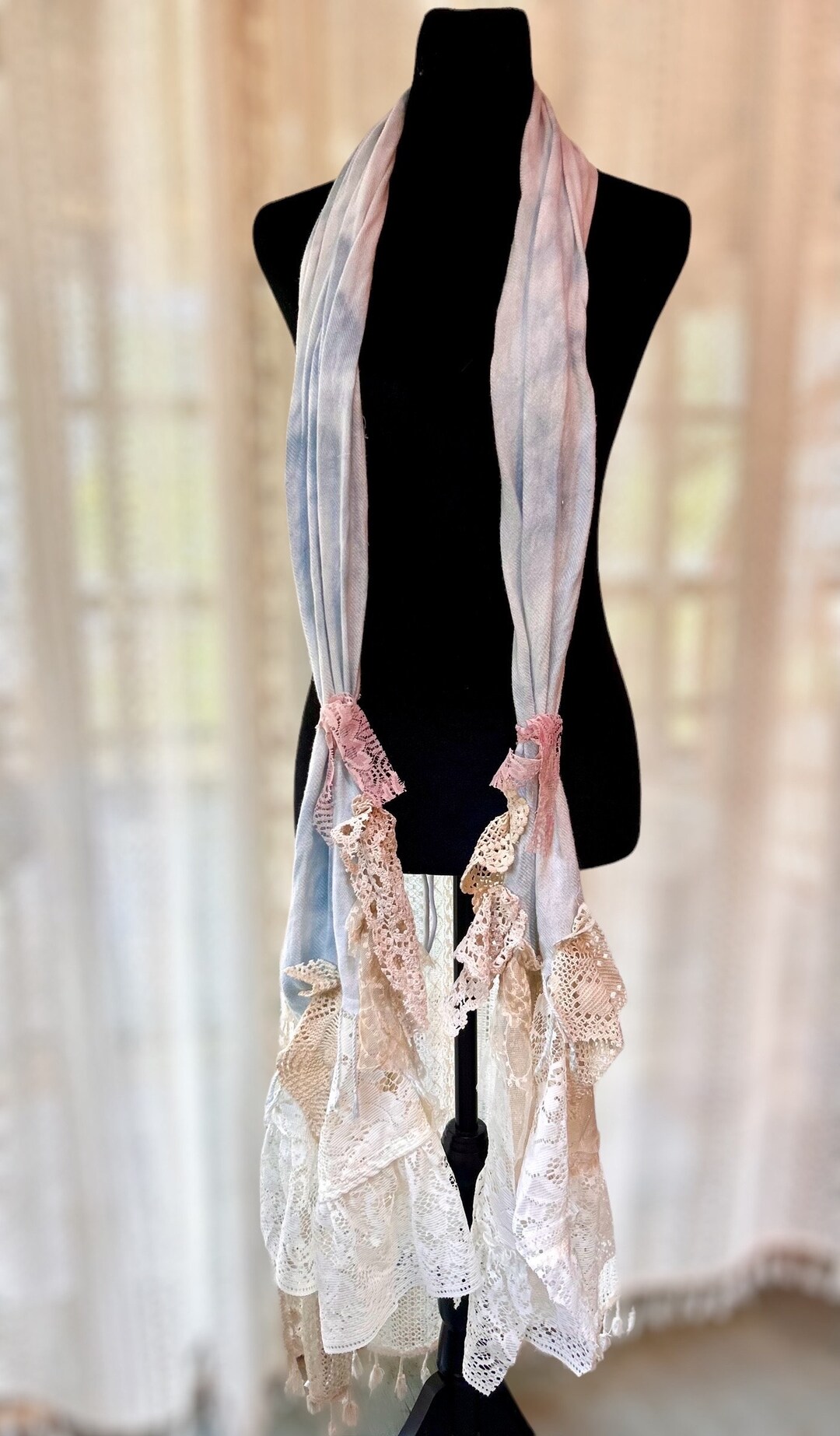 BOHO Shabby Chic Long Lacey Scarf Romantic Upcycled With Vintage ...