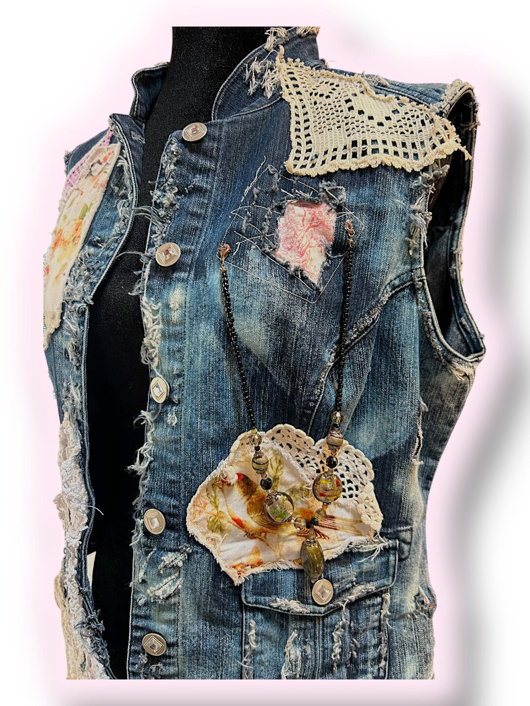 Denim Jean Vest Distressed Hippie BOHO Frayed Refashioned Embellished ...