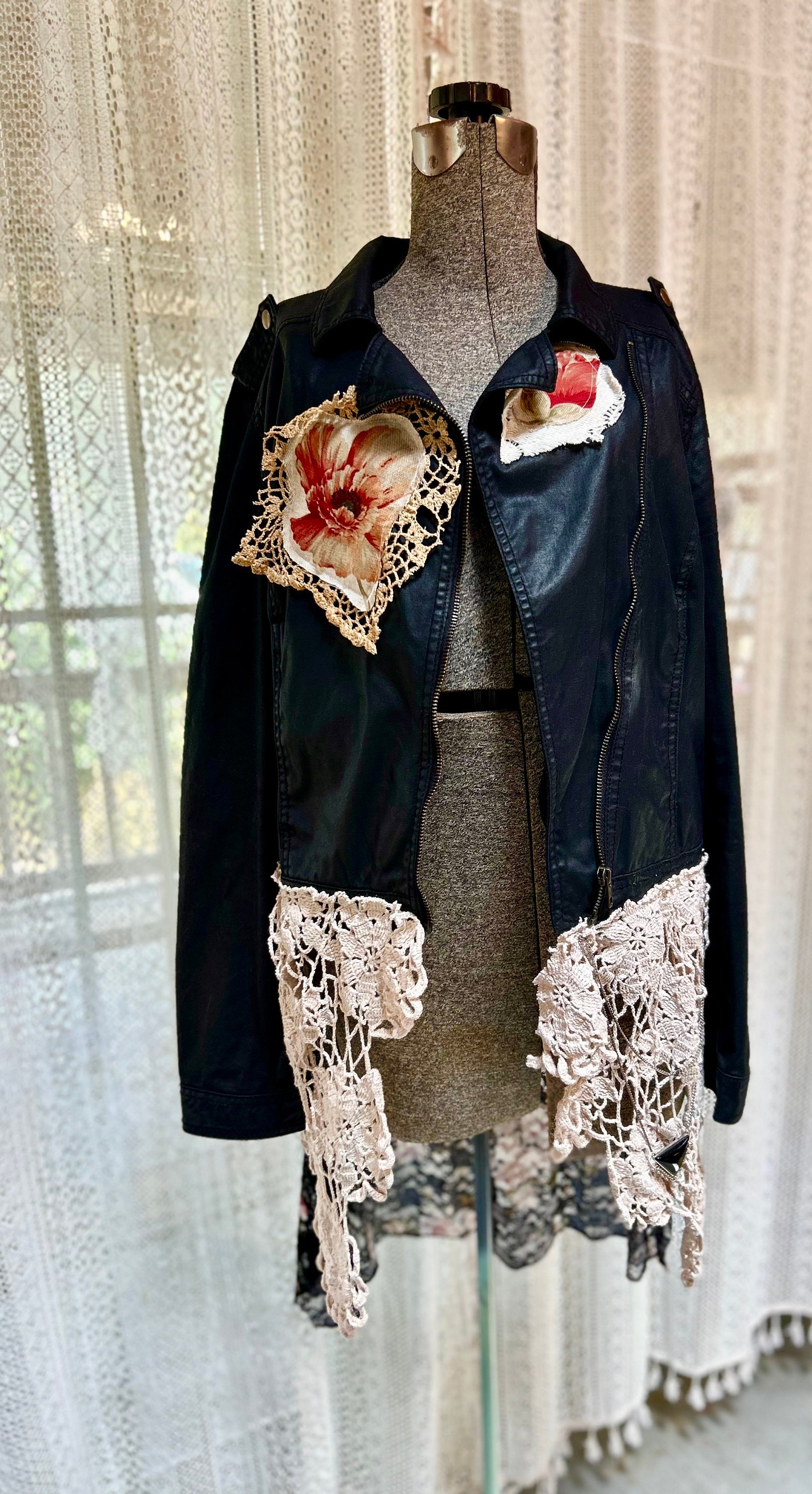 Upcycled Faux Leather Patchwork Jacket: Boho Roses Appliqués, Size L - Etsy
