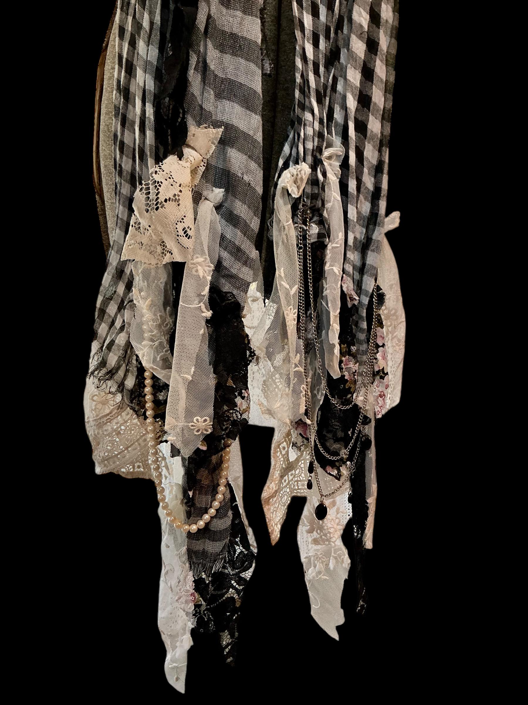 BOHO Upcycled Long Scarf Buffalo Check Black and White Laces With ...