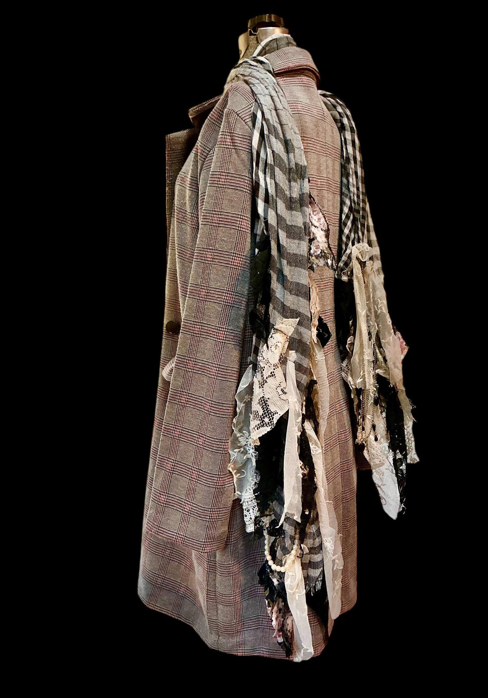 BOHO Upcycled Long Scarf Buffalo Check Black and White Laces With ...