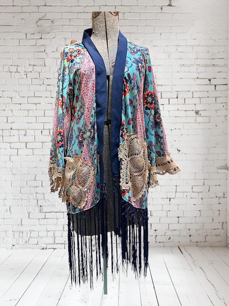 Refashioned Hippie Jacket: Vintage Doily Patches, Navy Fringes - Size S ...