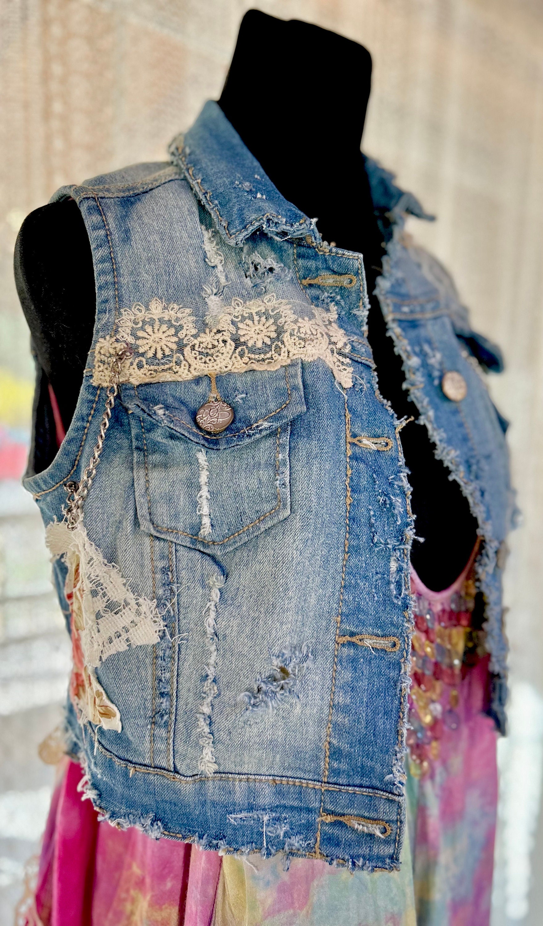 Upcycled Distressed Short Cropped Denim Jean Jacket Vest Hippie BOHO ...