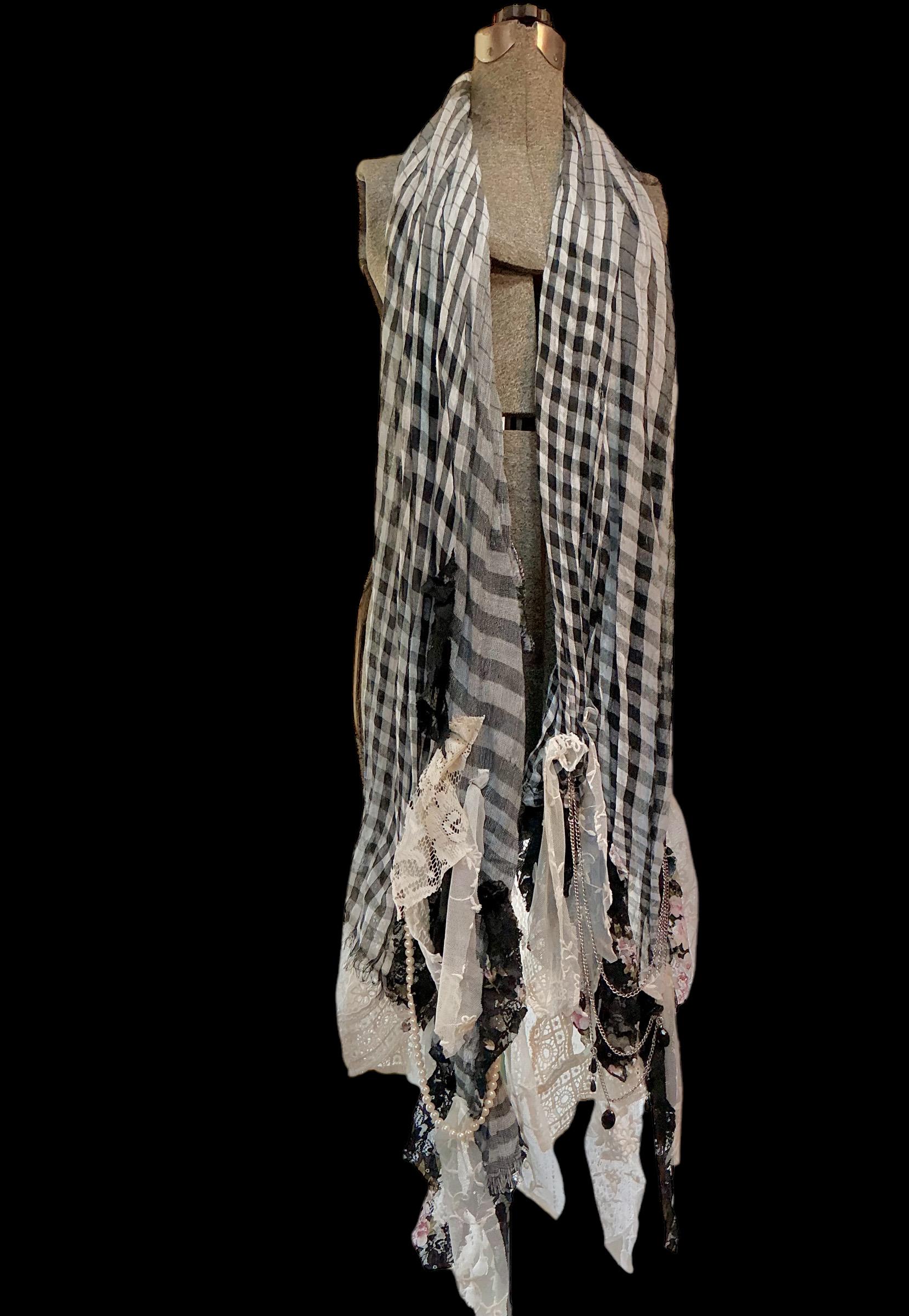 BOHO Upcycled Long Scarf Buffalo Check Black and White Laces With ...