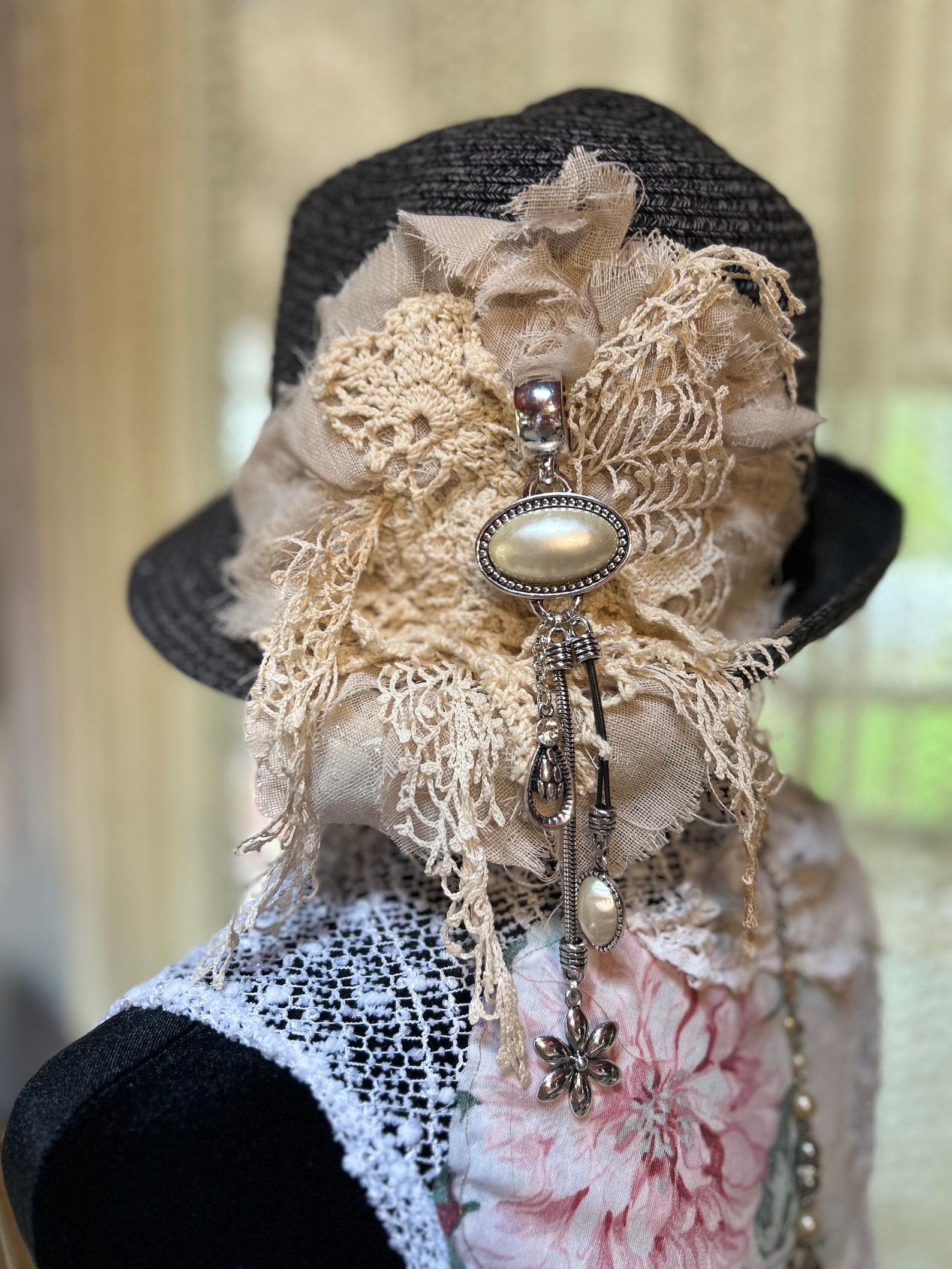 Upcycled BOHO Chic Feminine Fedora Hat Shabby Chic Bohemian Tattered ...