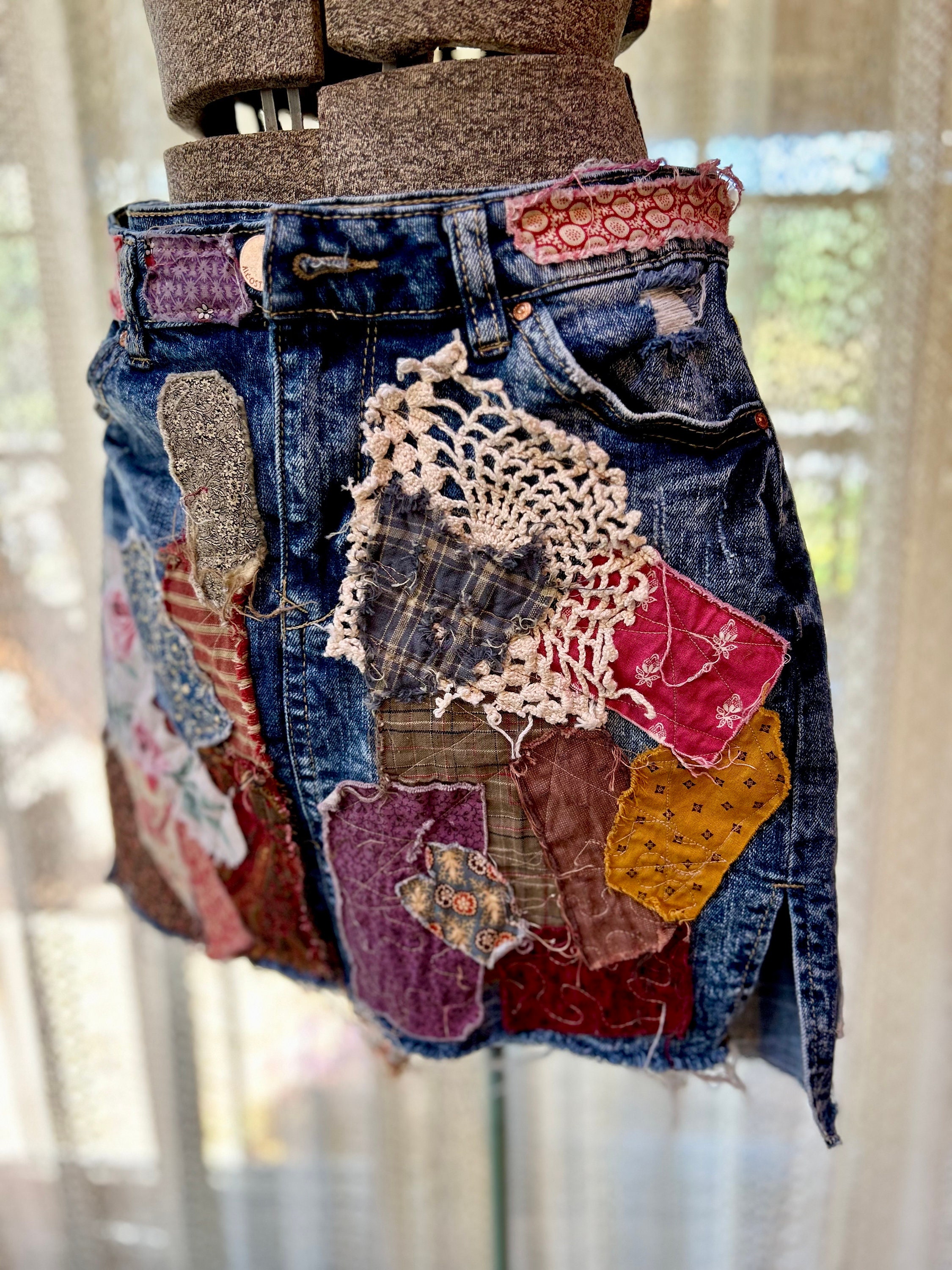 Denim Skirt Patchwork Blue Size 4/distressed/summer Fashion/wearable ...